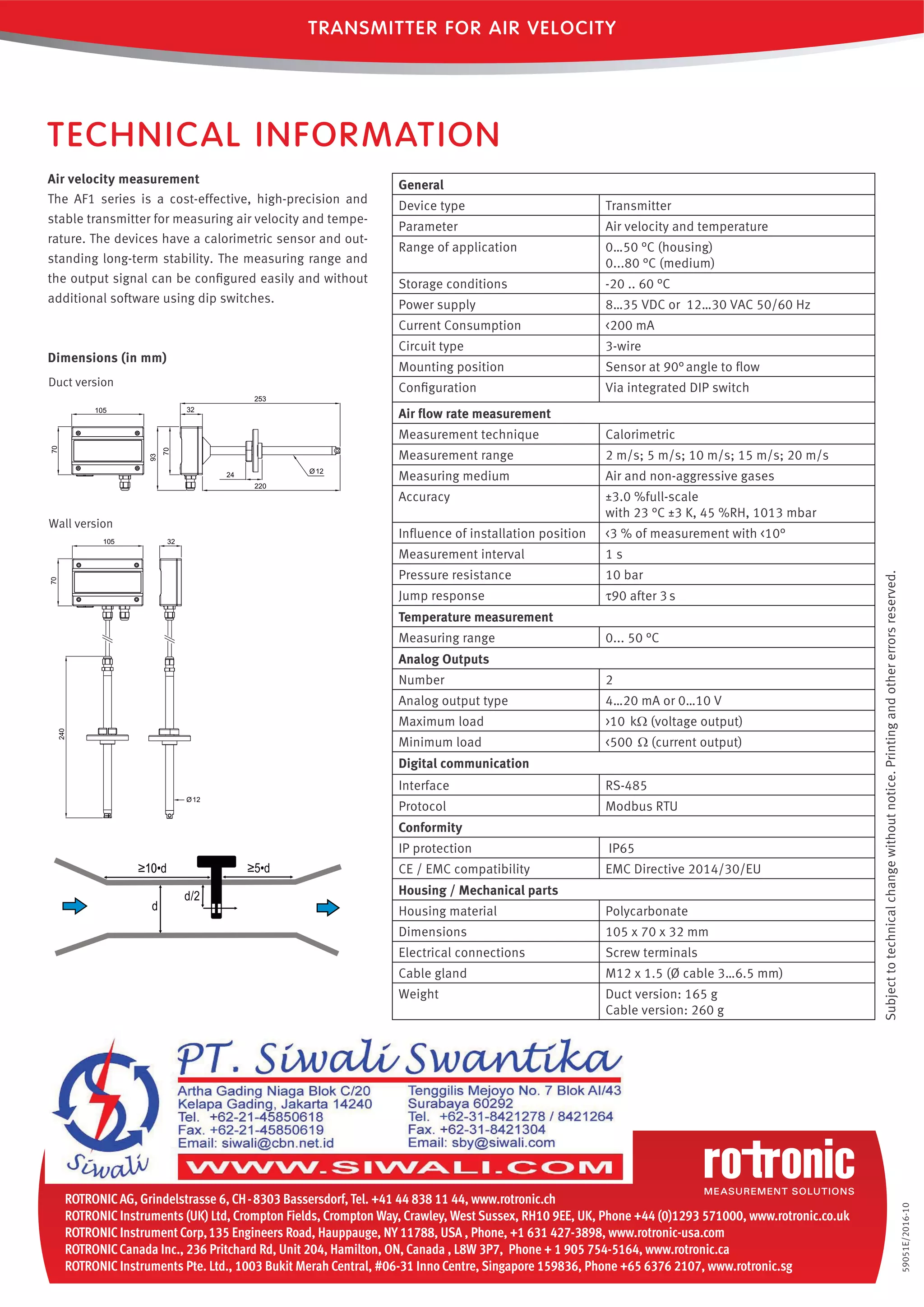 Rotronic Data Sheet AF1 - Flow Measurement Transmitter | PDF