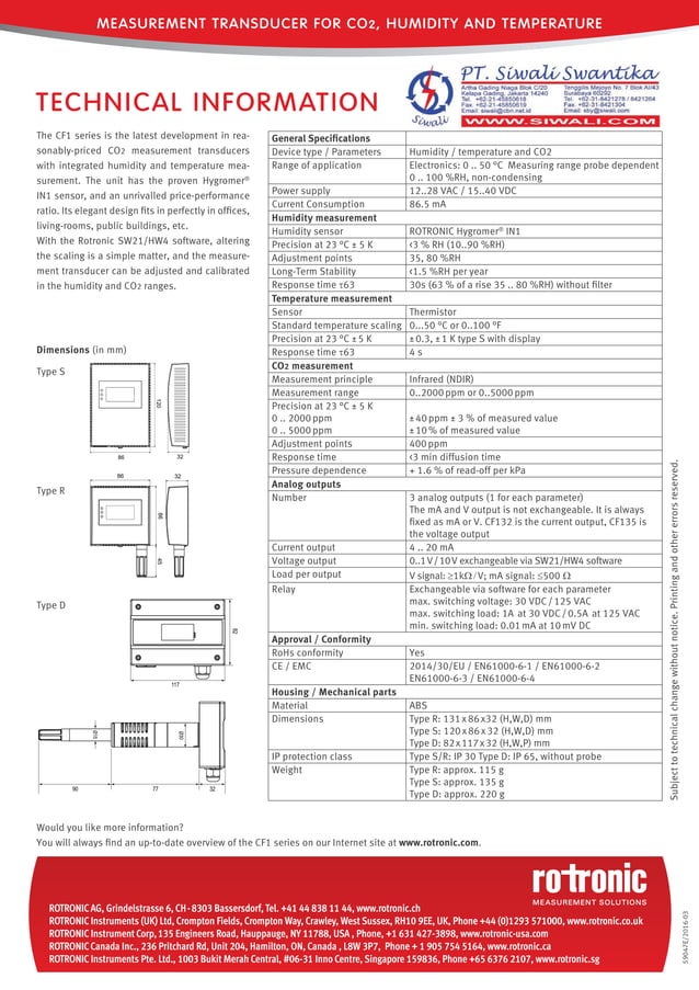 Rotronic Data Sheet CF1 | PDF