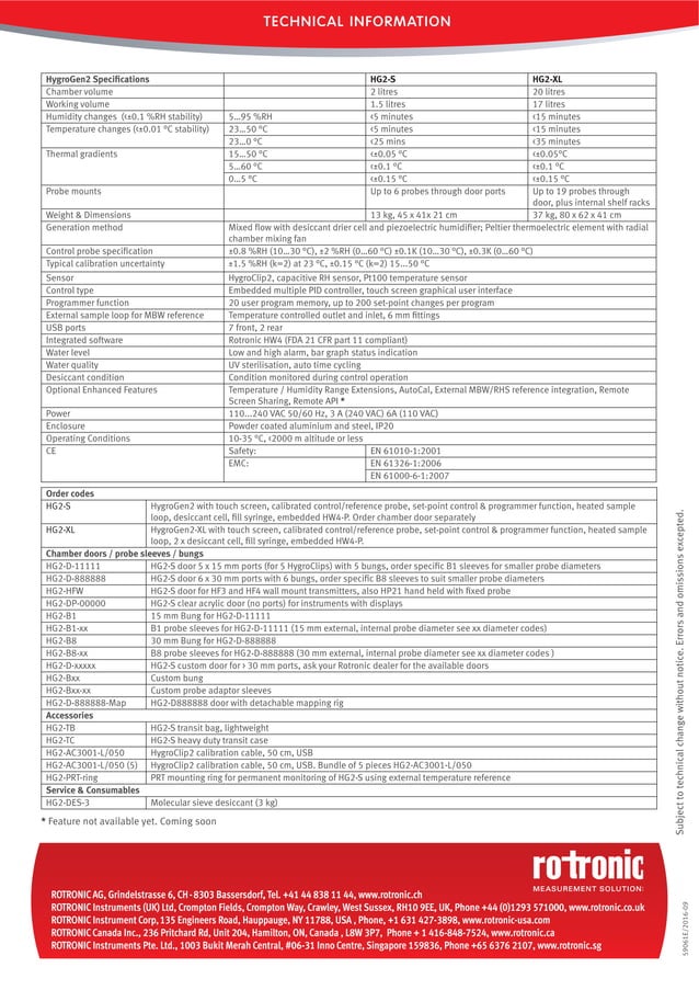Rotronic Data Sheet HygroGen2-S-XL | PDF