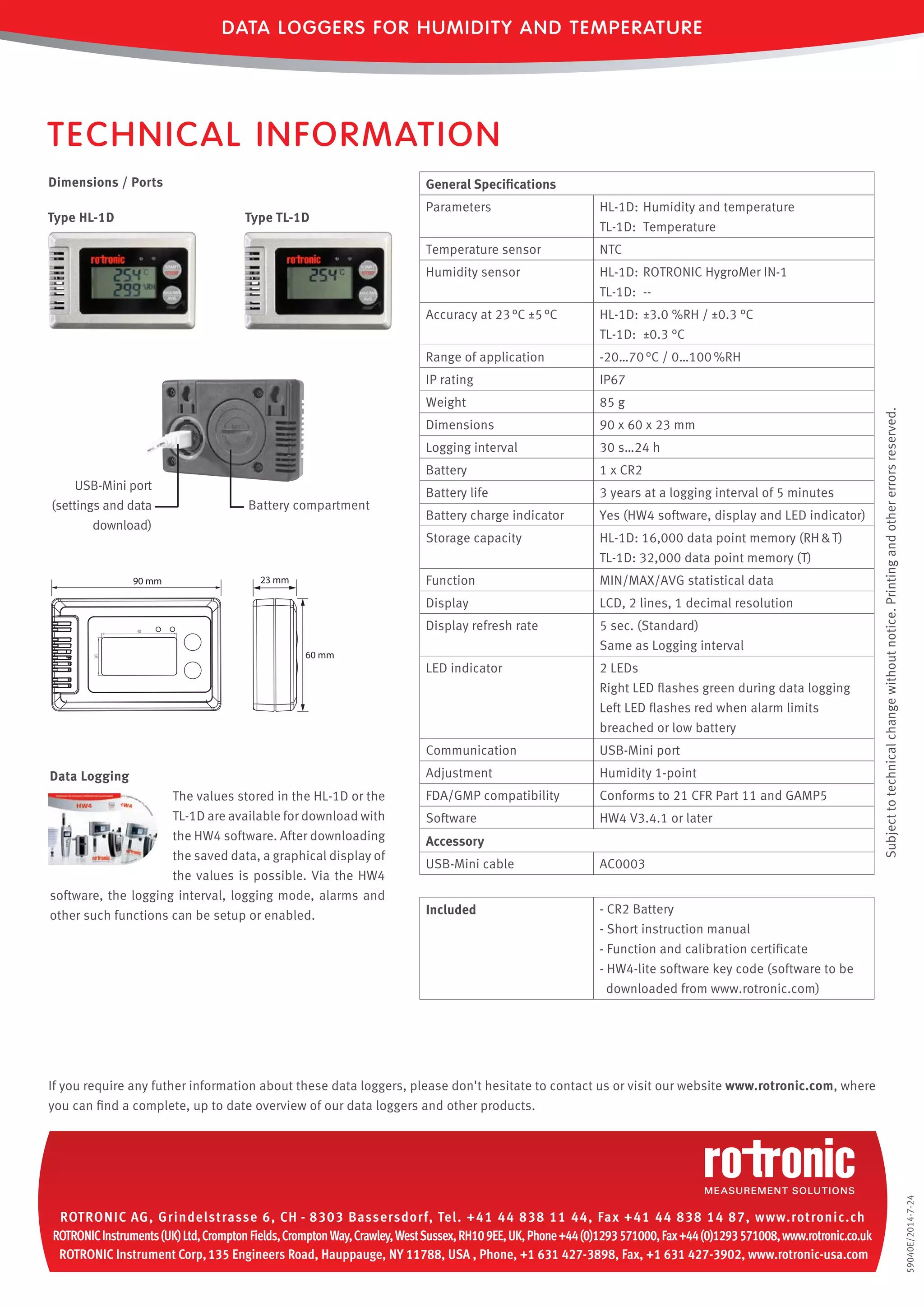 Rotronic HL 1D Humidity & Temperature logger - Spec Sheet | PDF