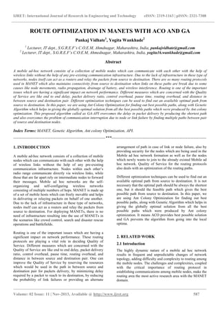 Route optimization in manets with aco and ga | PDF | Computer Networking | Computing