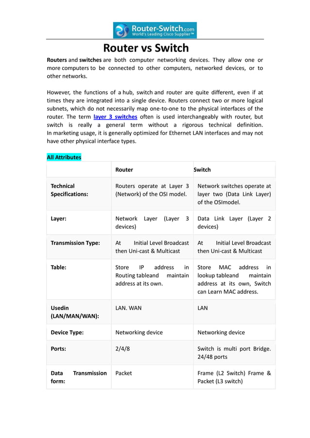 Router vs switch | DOCX | Computer Networking | Computing