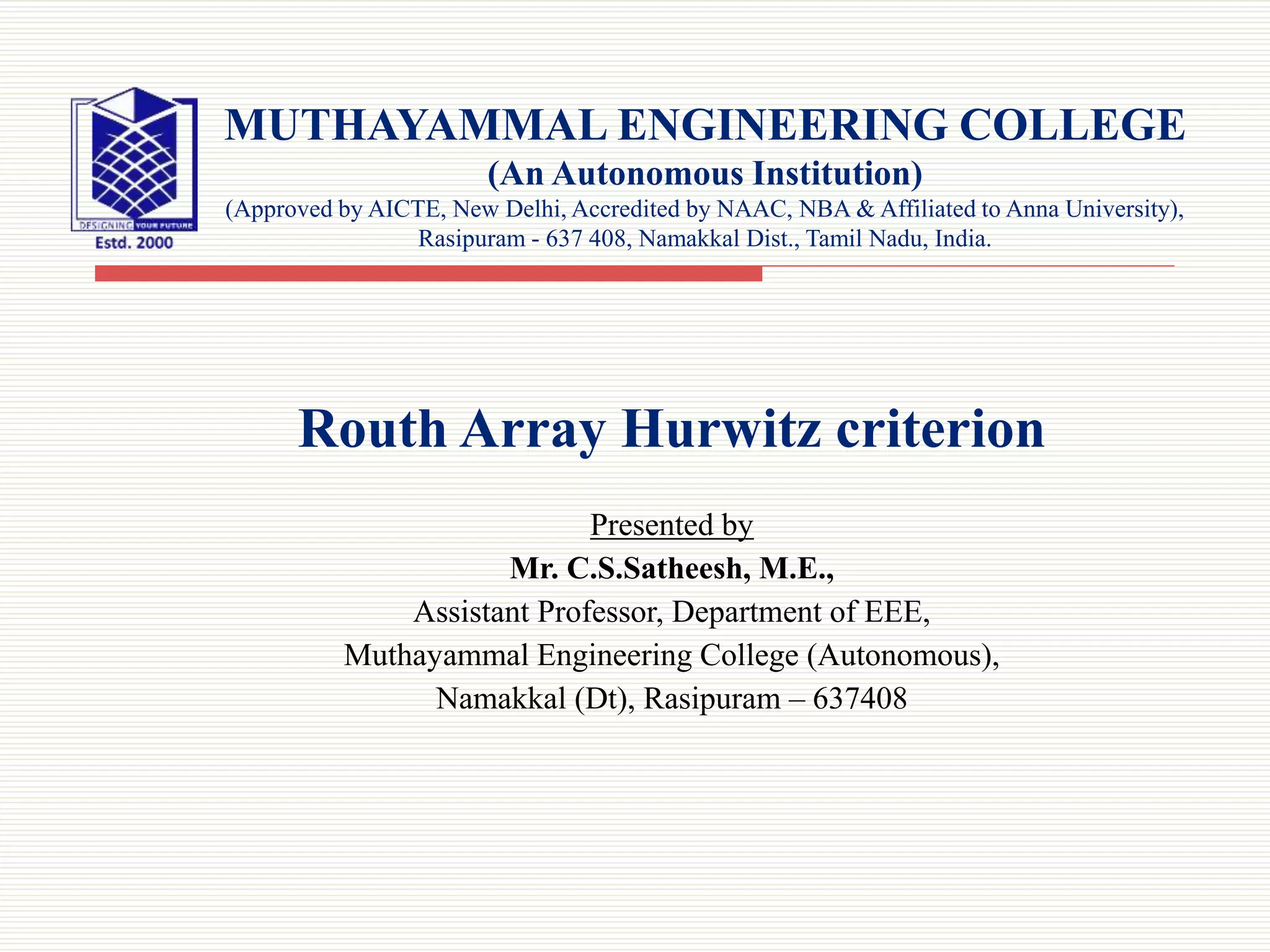 Routh array hurwitz criterion | PPT