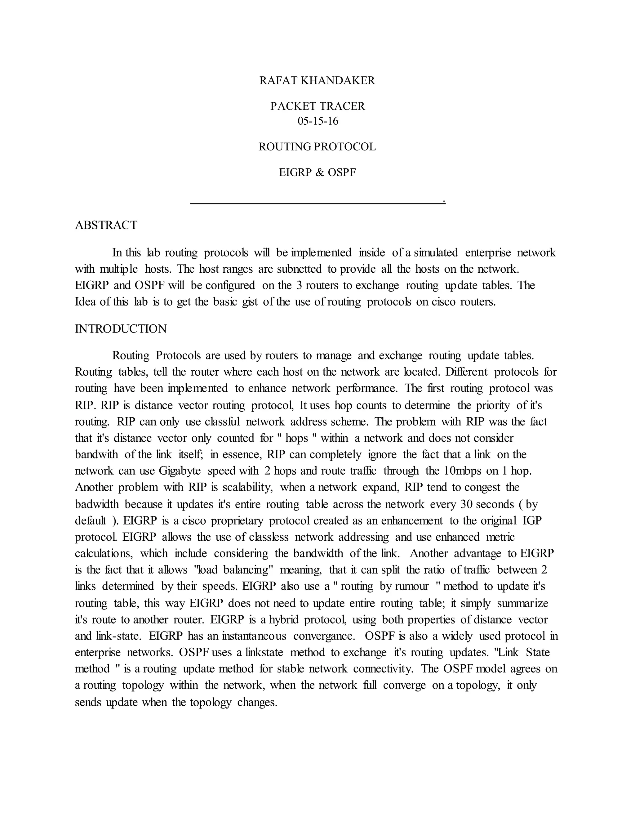Packet Tracer Routing Protocols Eigrp And Ospf Docx Computer Networking Computing