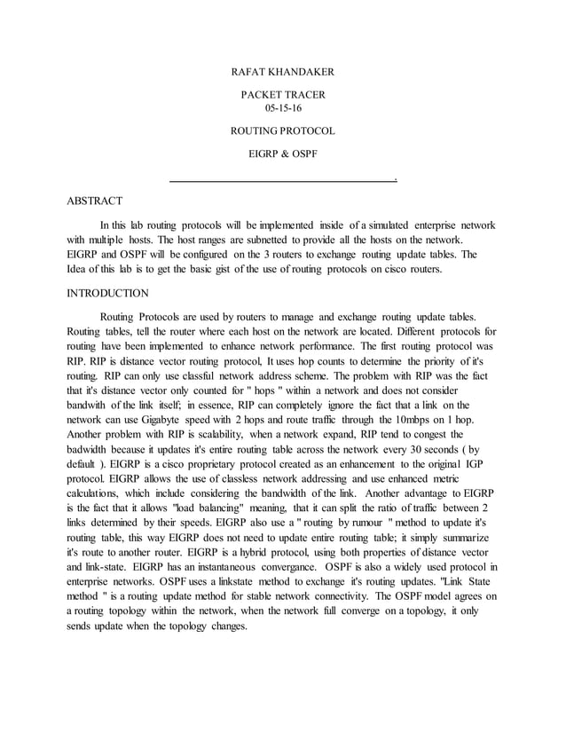 Packet Tracer Routing Protocols Eigrp And Ospf Docx Computer