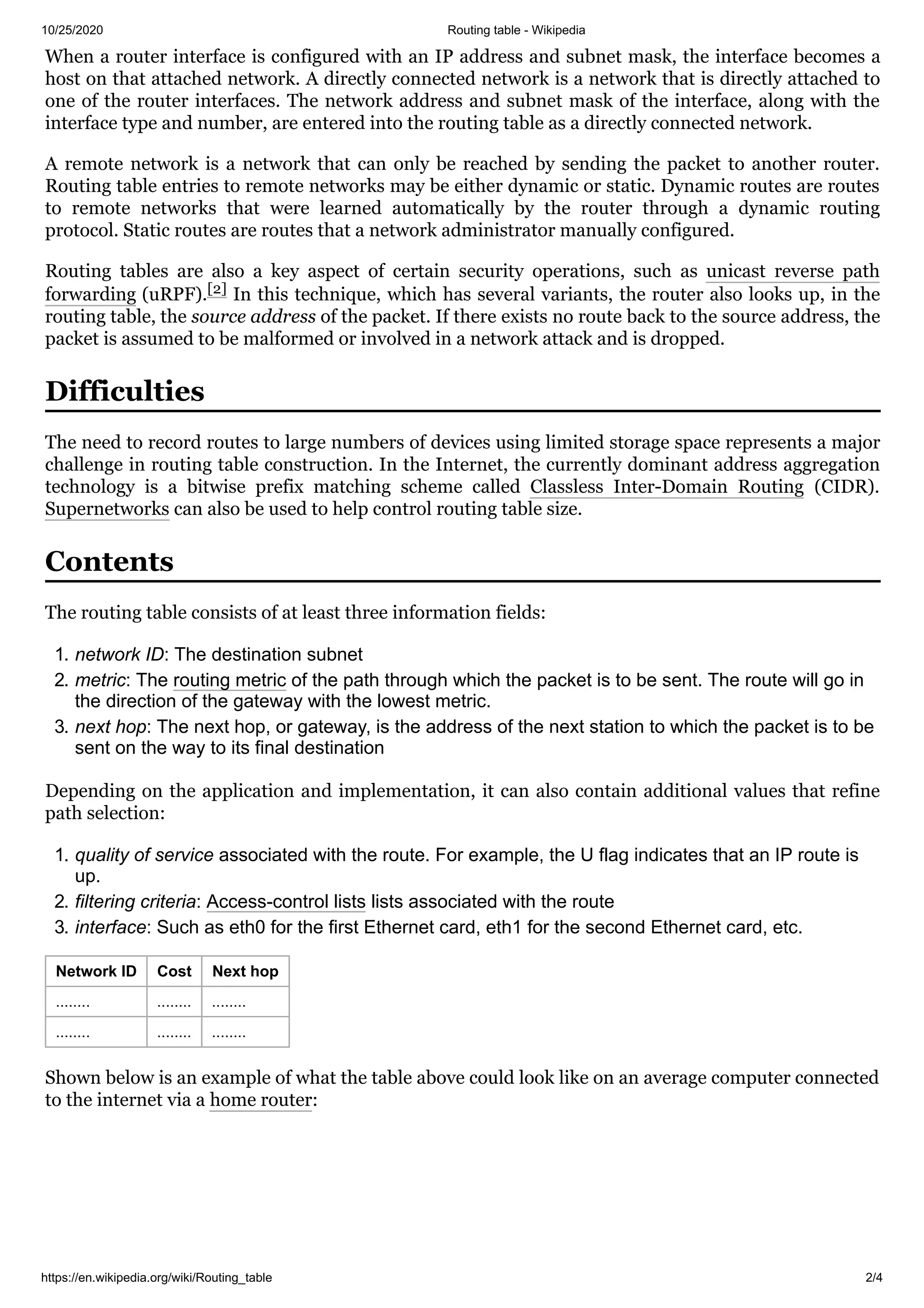 Routing table : Notes | PDF