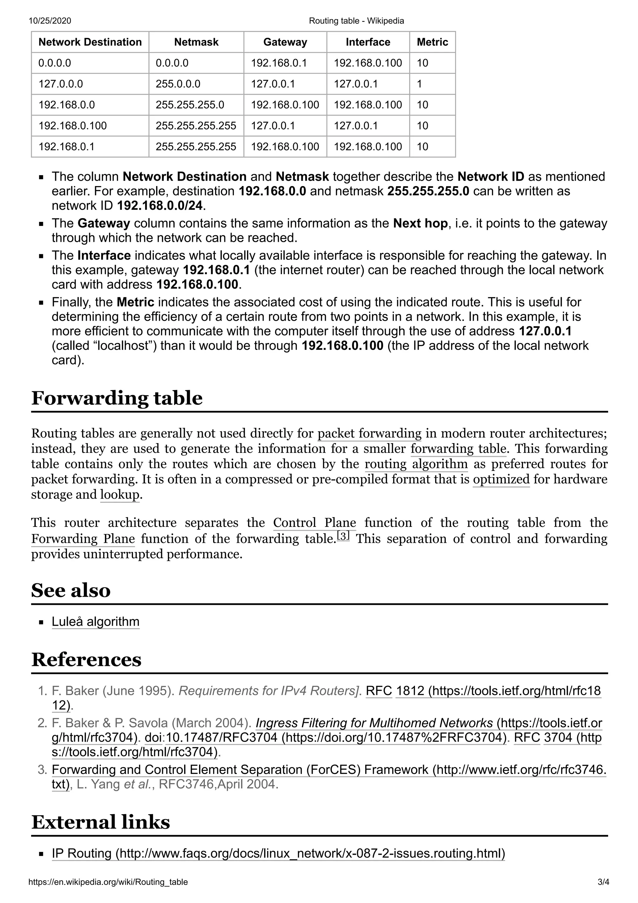 Routing table : Notes | PDF
