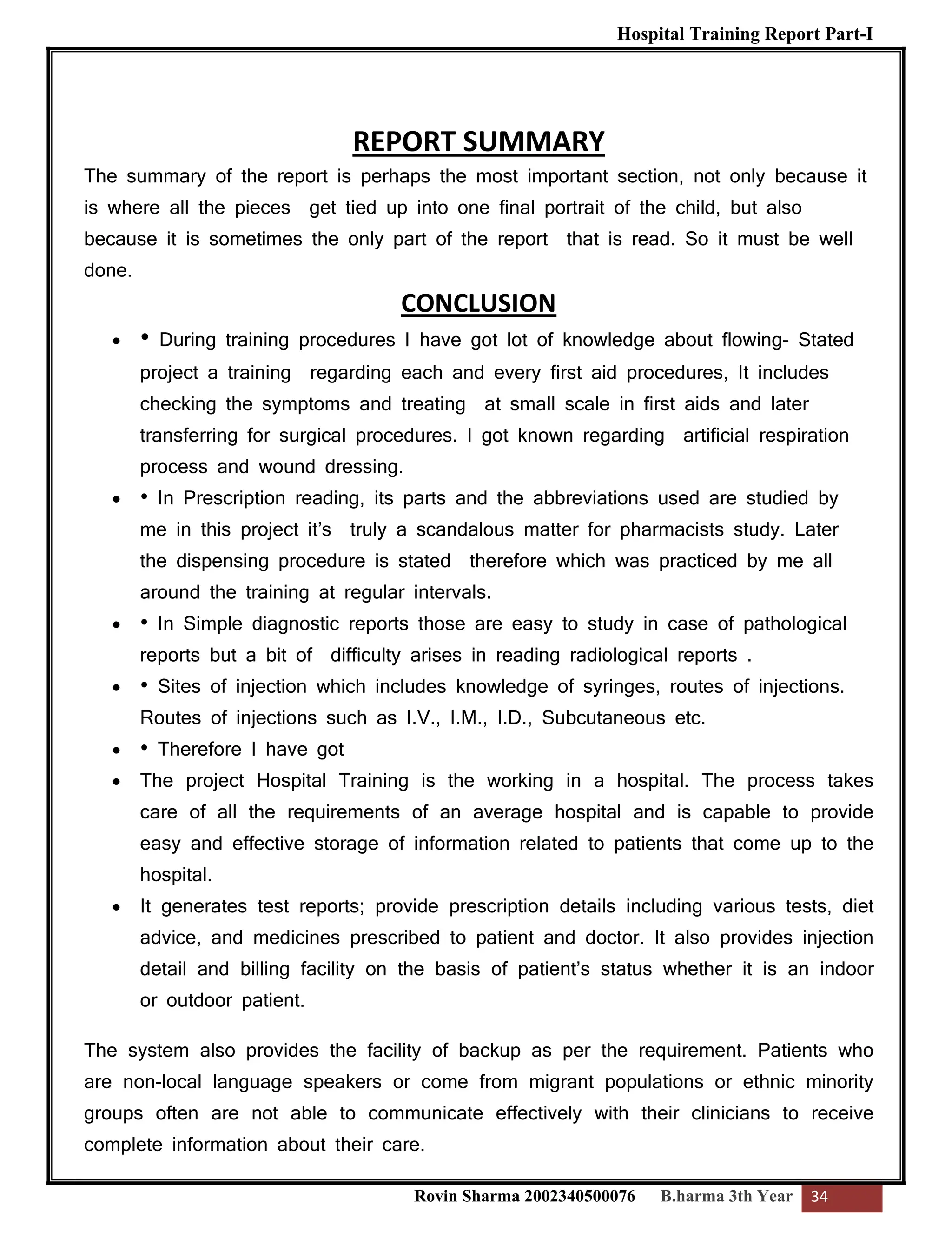 B. Pharm Hospital Training Report | PDF