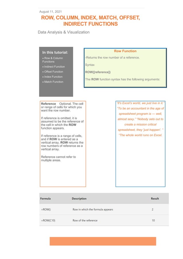 Row, Column, Index, Match, Offset Functions. Excel Tutorial | PDF
