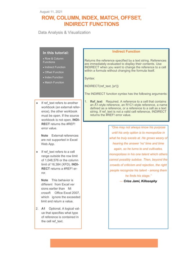 Row, Column, Index, Match, Offset Functions. Excel Tutorial | PDF