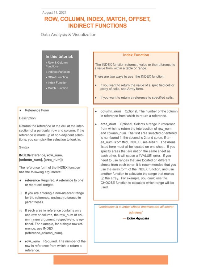 Row, Column, Index, Match, Offset Functions. Excel Tutorial | PDF