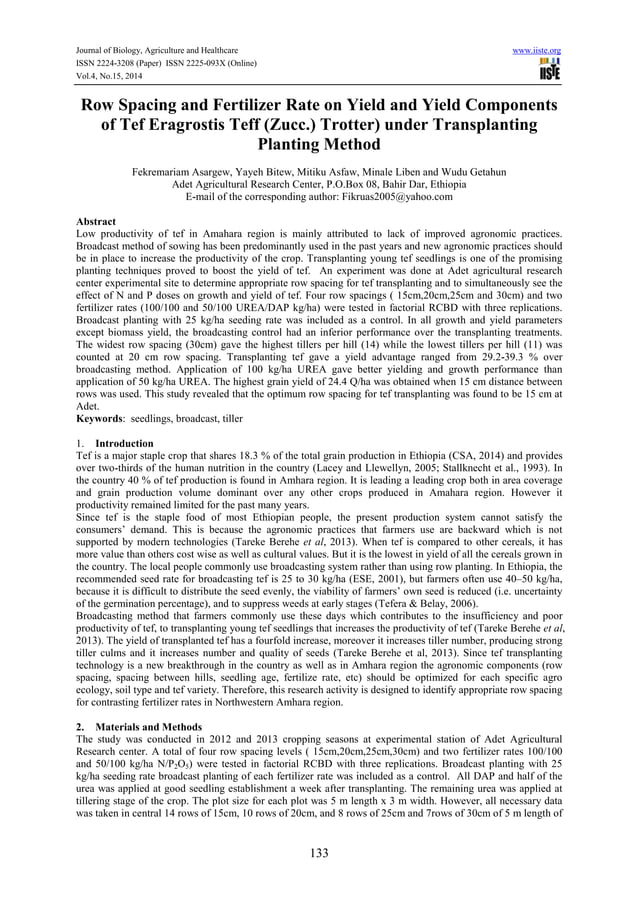 Row spacing and fertilizer rate on yield and yield components of tef ...
