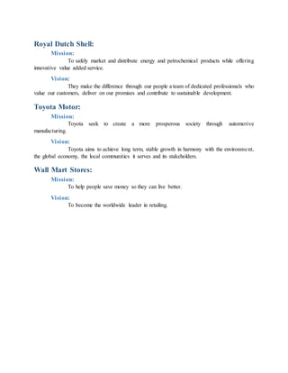 Mission statement and Vision statement of 3 Different Companies | DOCX
