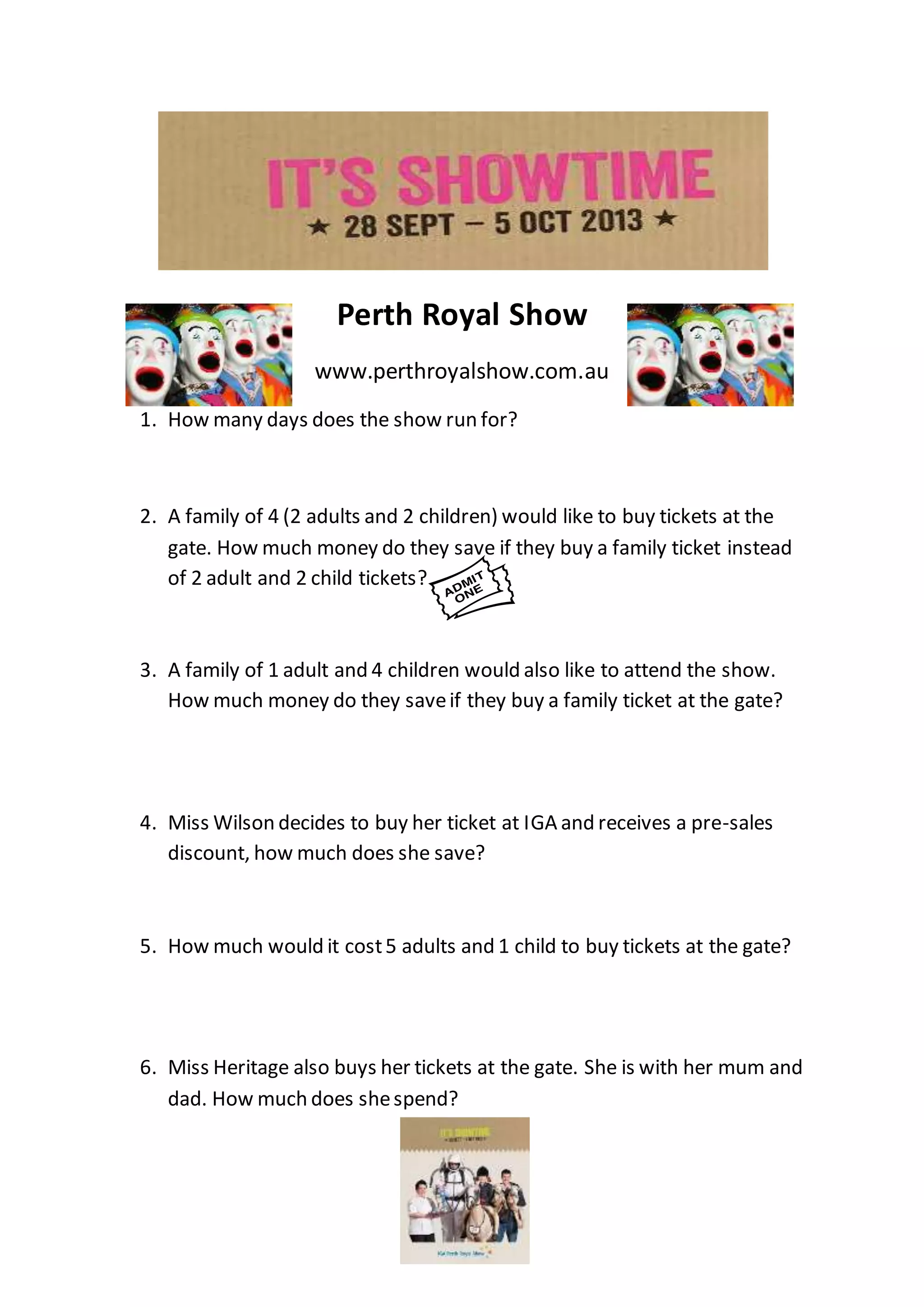 Royal perth show - Worded maths questions | DOCX