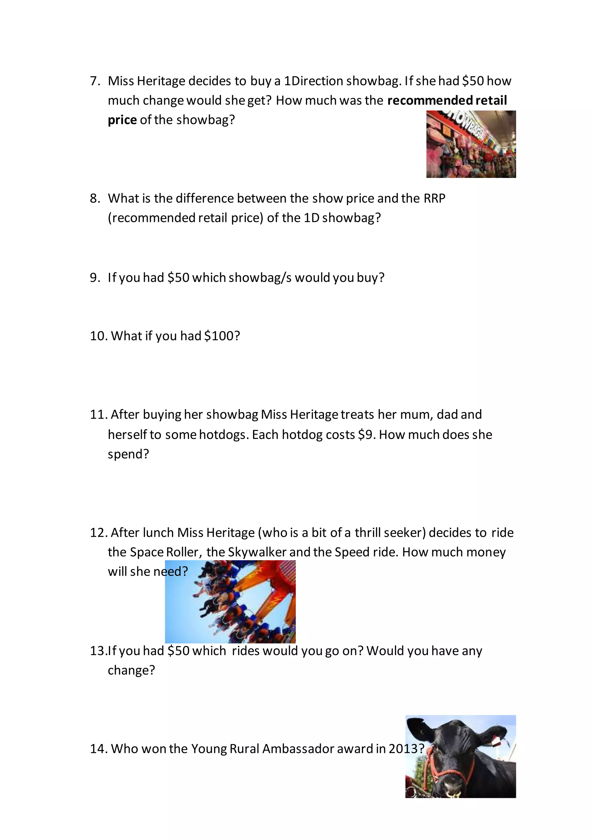 Royal perth show - Worded maths questions | DOCX