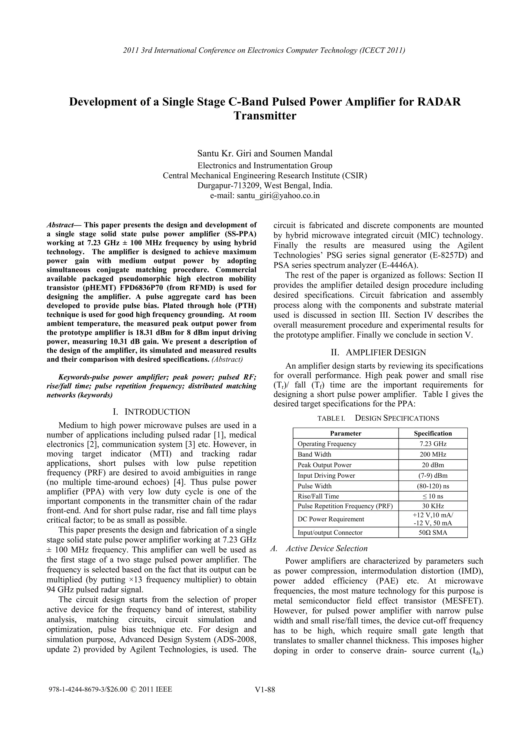 Development of a Single Stage C-Band Pulsed Power Amplifier for RADAR ...