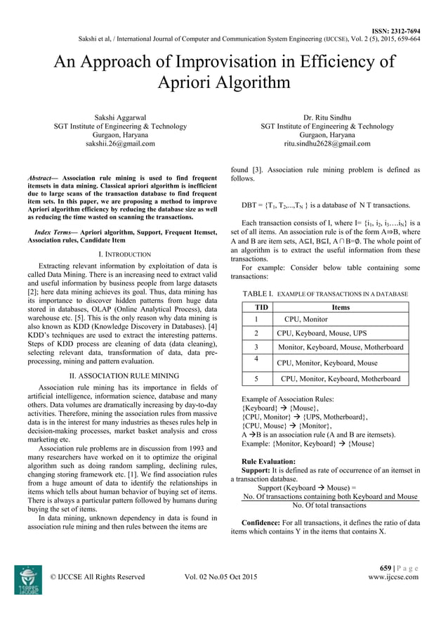 An Approach of Improvisation in Efficiency of Apriori Algorithm | PDF
