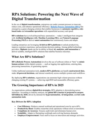 RPA Solutions: Powering the Next Wave of Digital Transformation | PDF