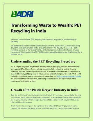 Transforming Waste to Wealth: PET Recycling in India | PDF