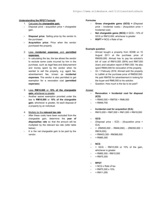Real Property Gains Tax (RPGT) Notes - LAW512 Conveyancing | PDF