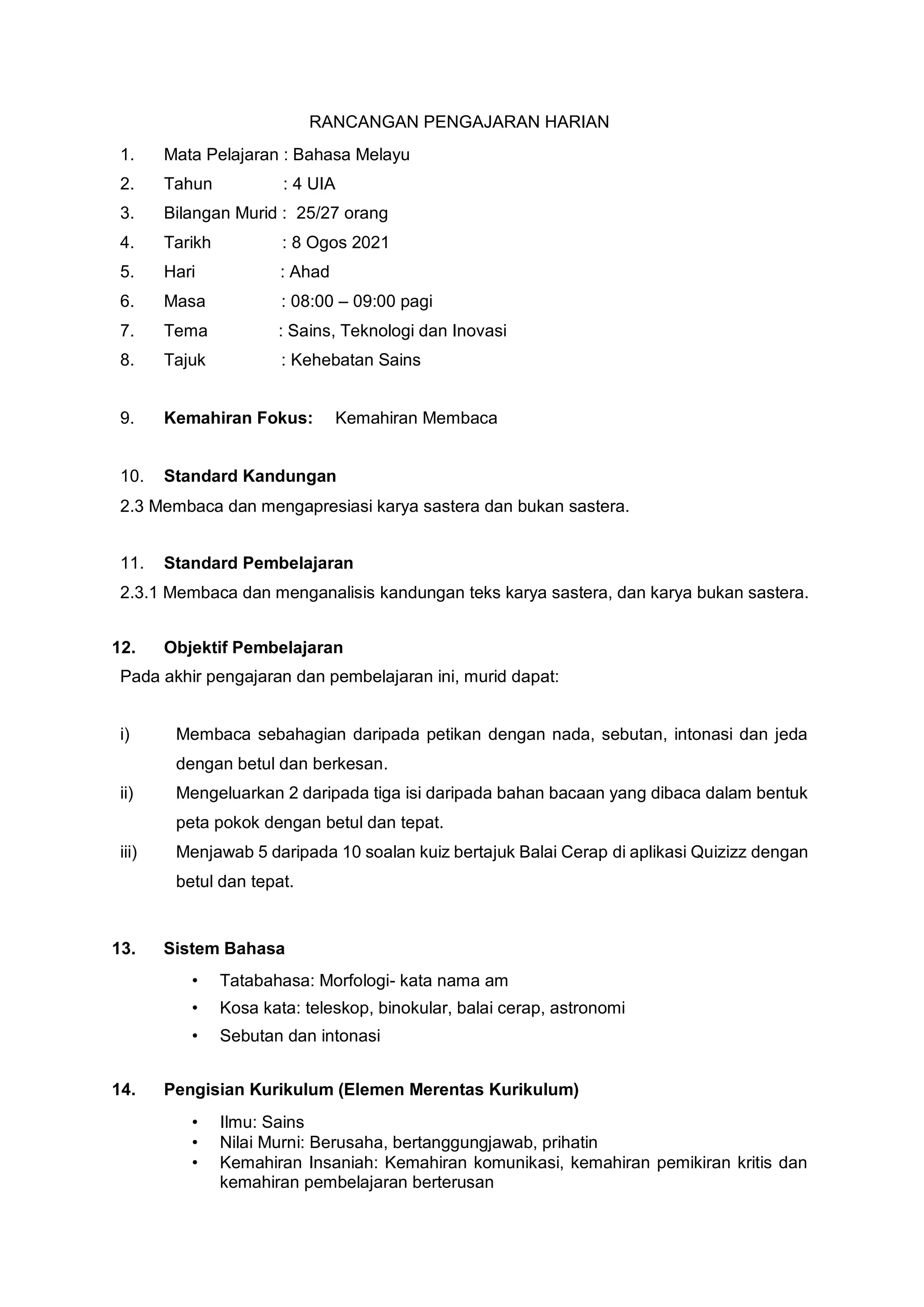 Contoh RPH BM Tahun 4 (PdPr) | PDF