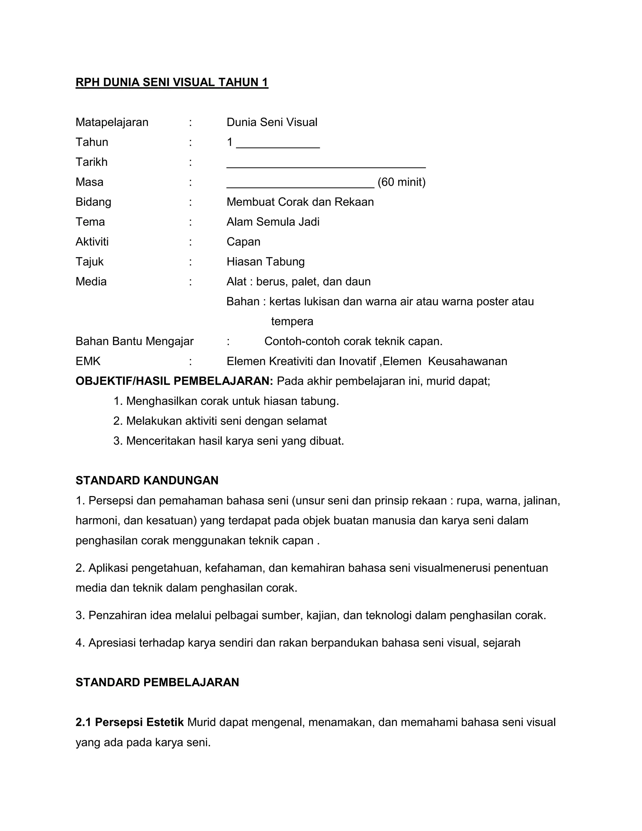 Rph dunia seni visual tahun 1 corak&rekaan | DOCX