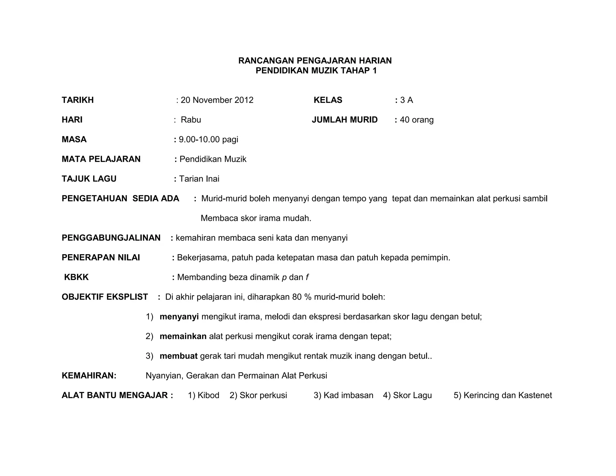 Rph kbsr muzik tahap 1 | DOC