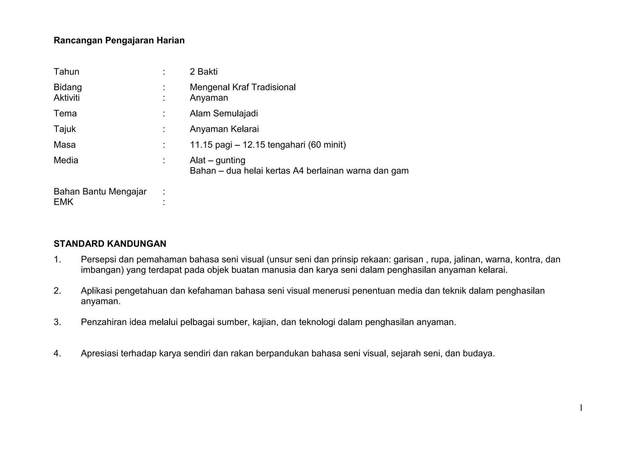 Rph kraf tradisional (anyaman kelarai mata bilis) kssr thn 1 | DOCX