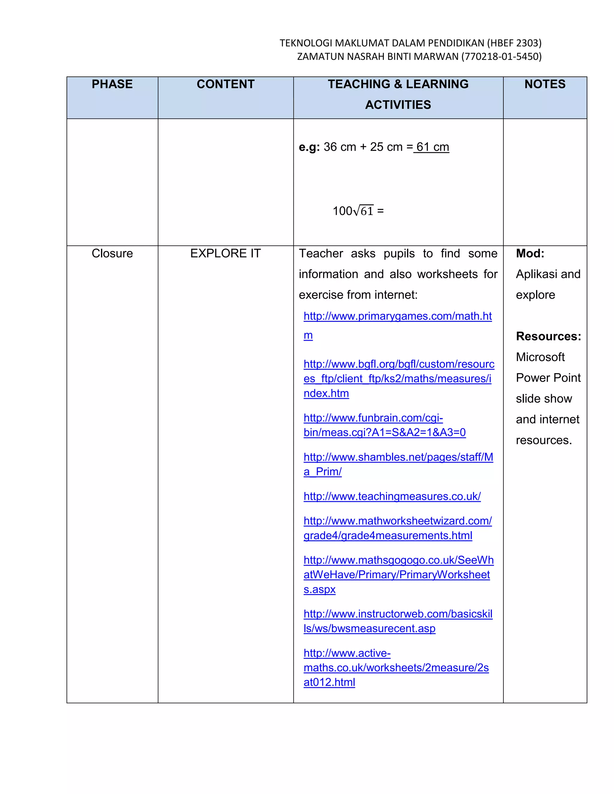 rancangan mengajar matematik (basic operations involving length) | DOCX