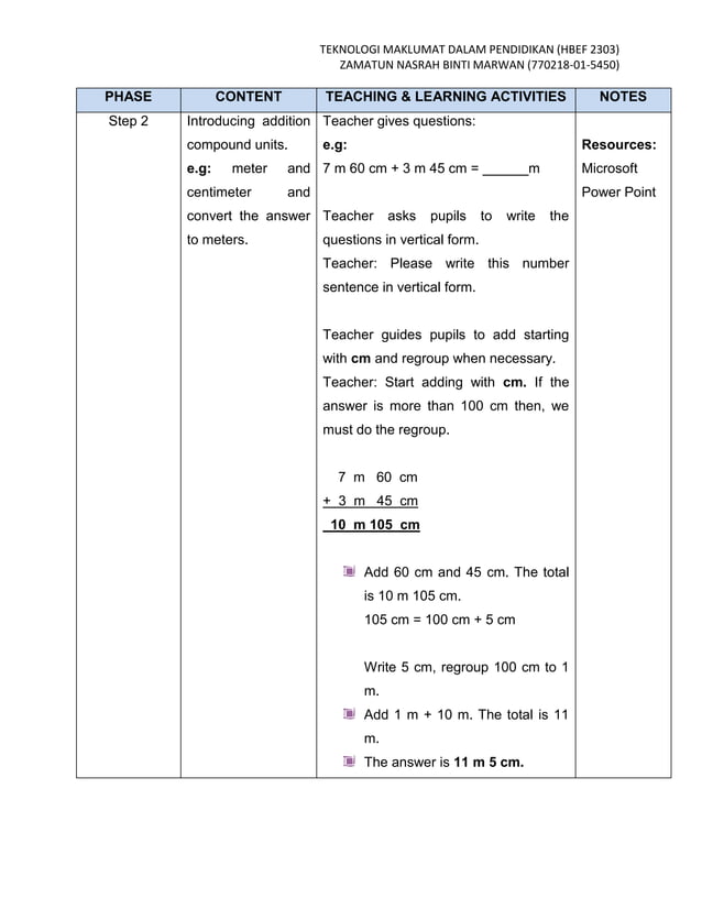 rancangan mengajar matematik (basic operations involving length) | DOCX ...