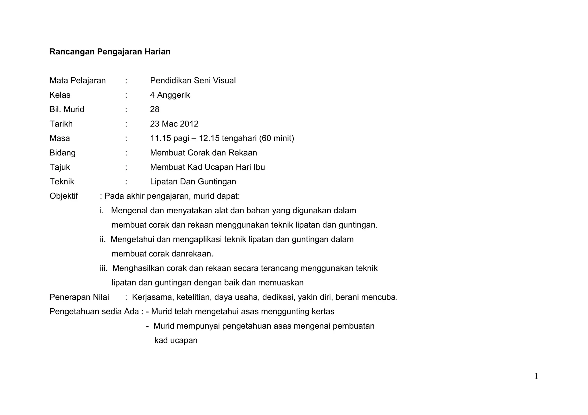 Rph membuat corak dan rekaan (kad ucapan hari ibu) kbsr thn 4 | DOCX