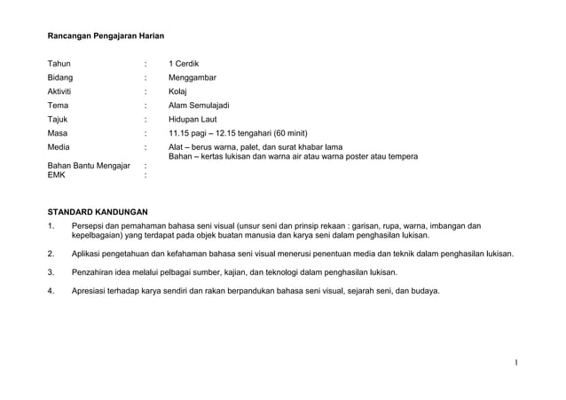 Rph menggambar (kolaj hidupan laut) kssr thn 1 | DOCX