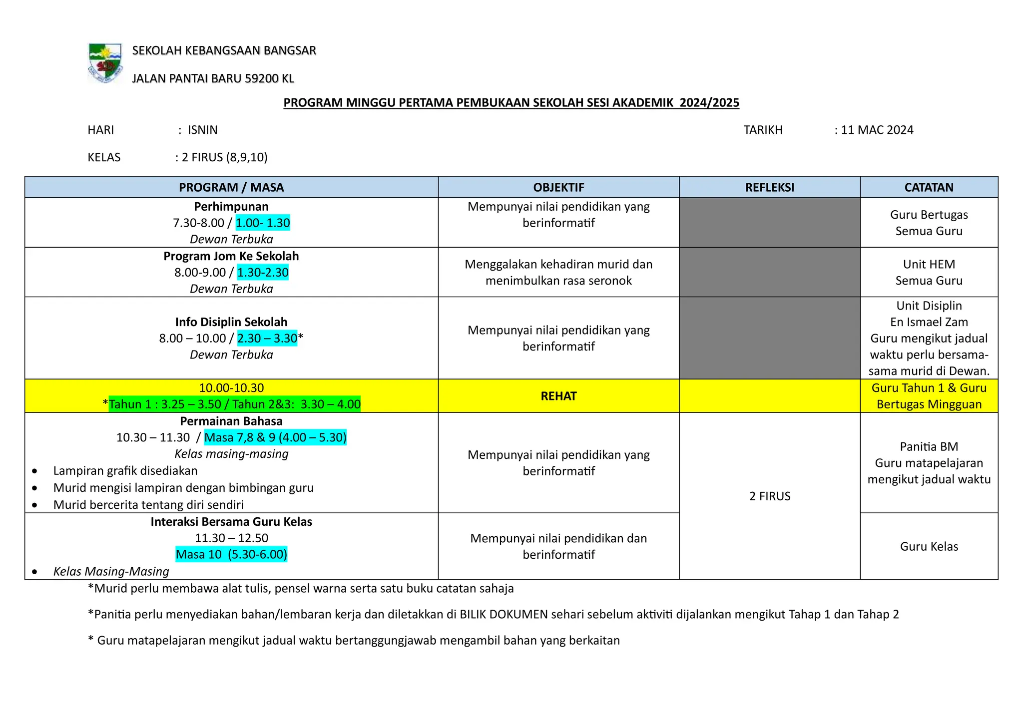 Rancangan Pengajaran Harian Minggu Pertama Docx