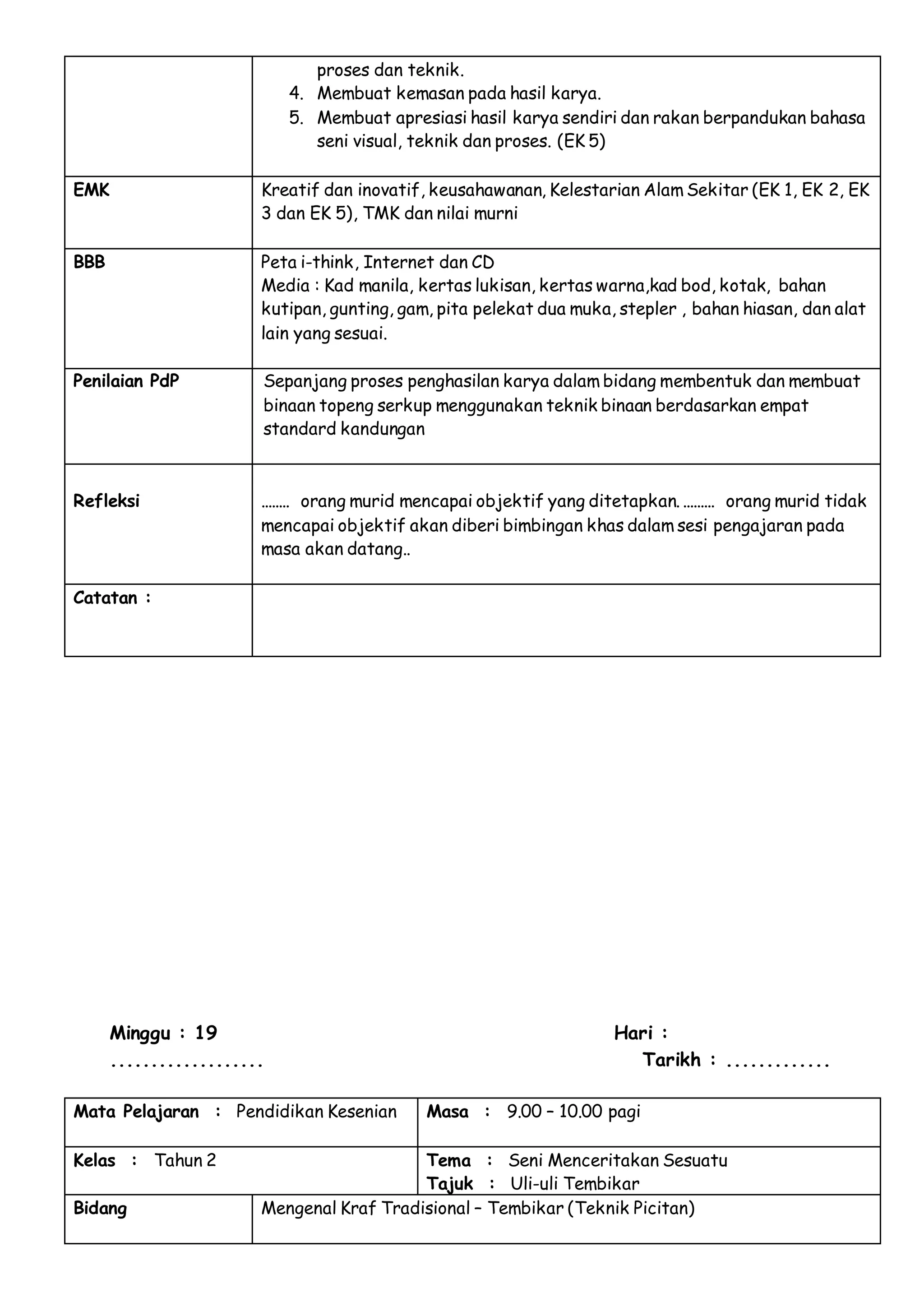 Rph pendidikan kesenian tahun 2 | DOCX