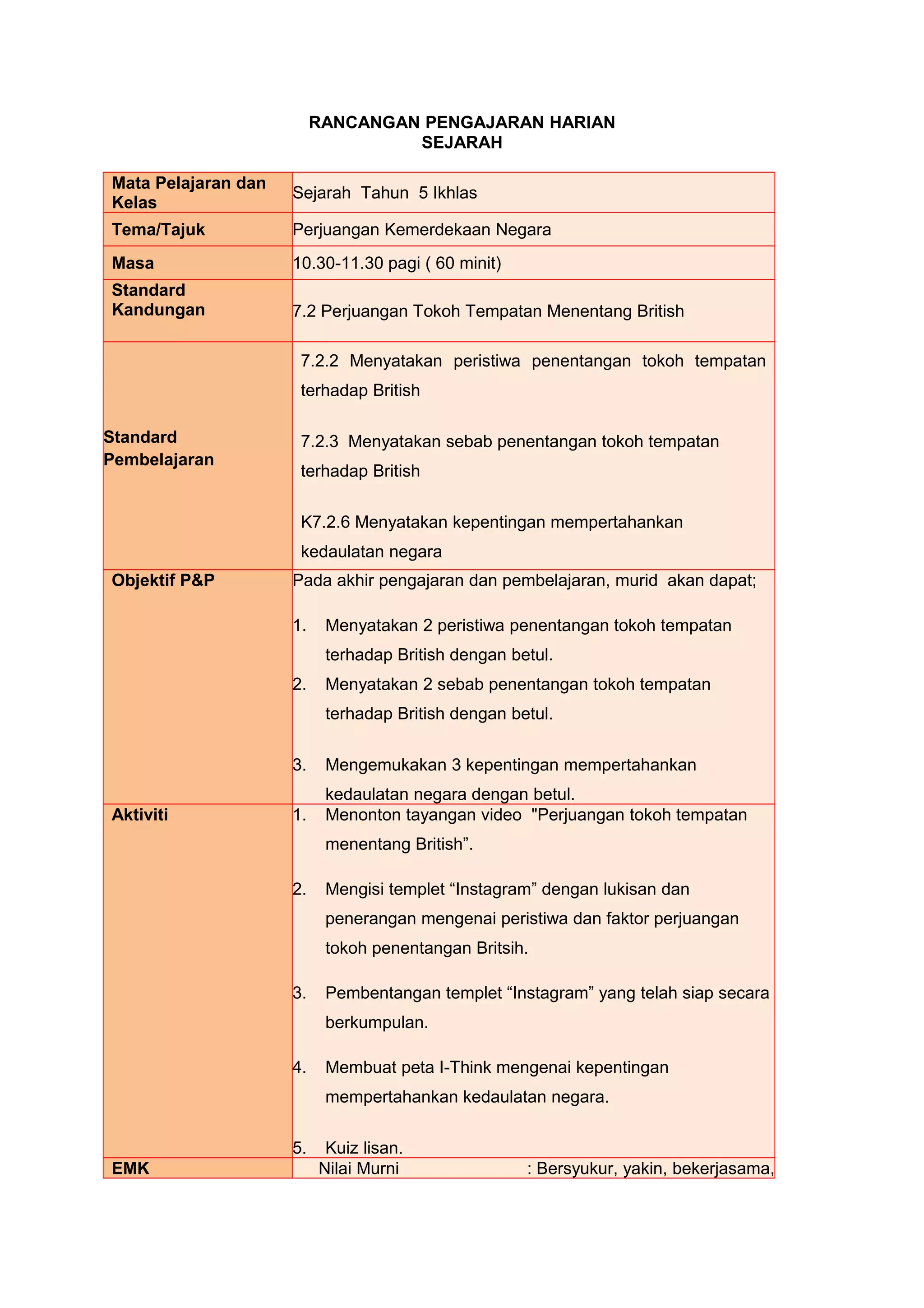 RPH SEJARAH TAHUN 5 Perjuangan Tokoh Tempatan Menentang Brtish | DOC