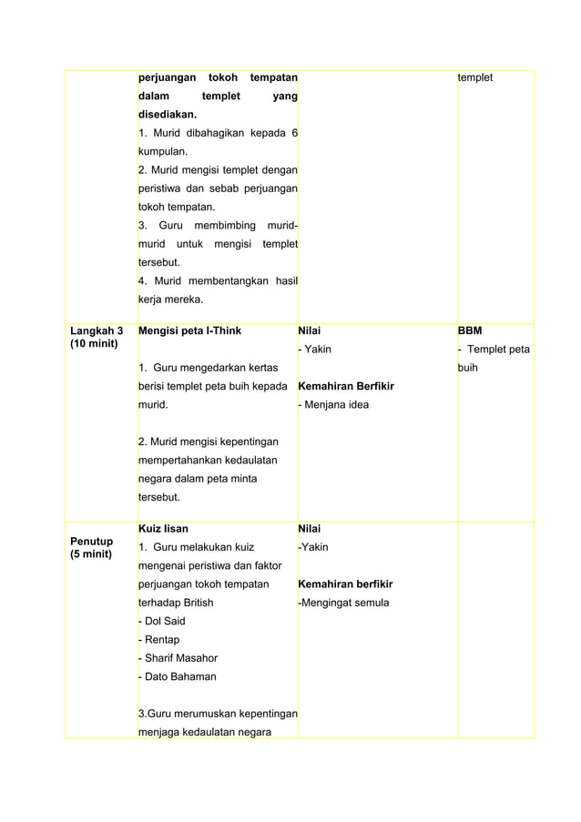 RPH SEJARAH TAHUN 5 Perjuangan Tokoh Tempatan Menentang Brtish | DOC