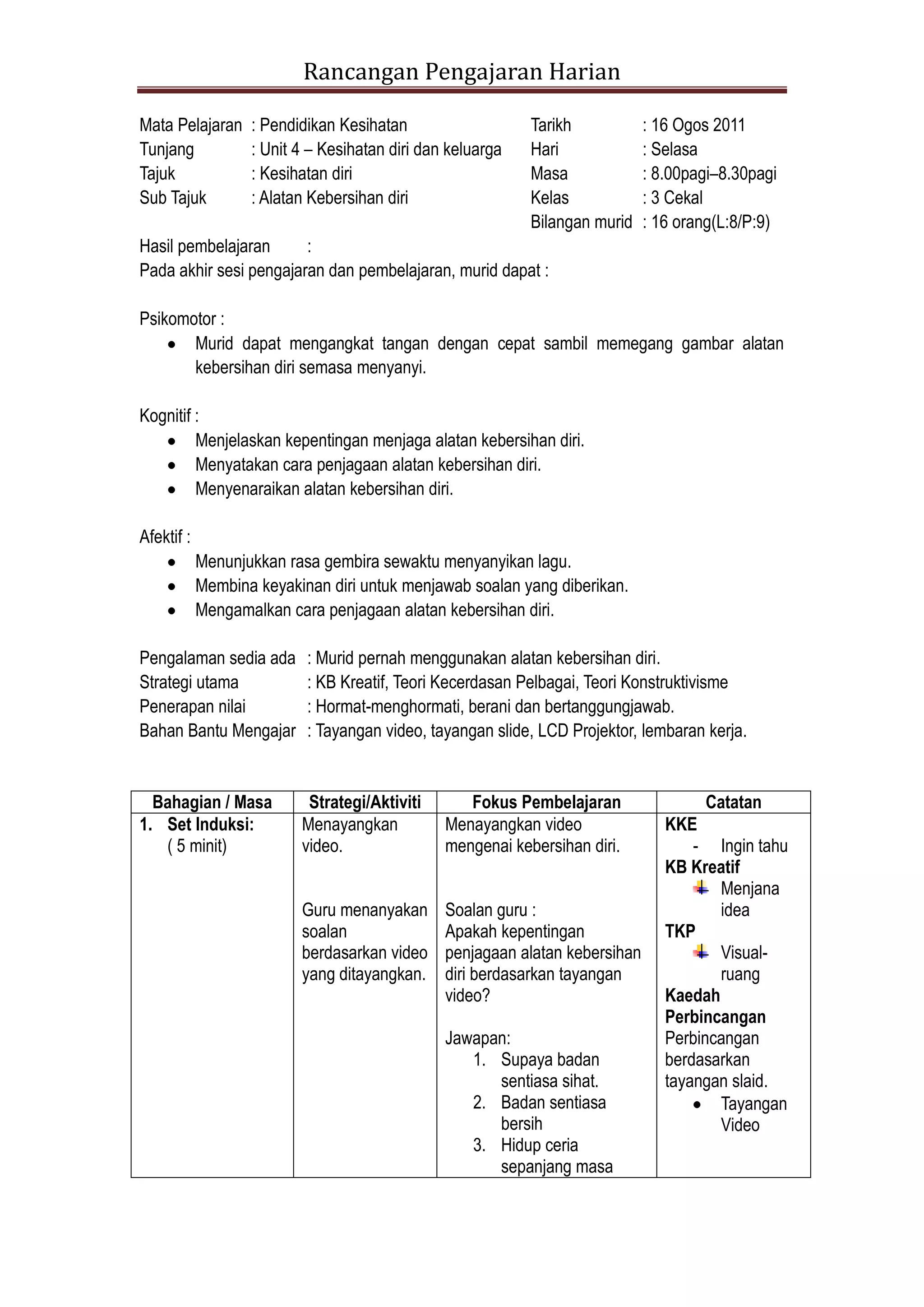 Rph pk t3 alatan kebersihan diri | PDF