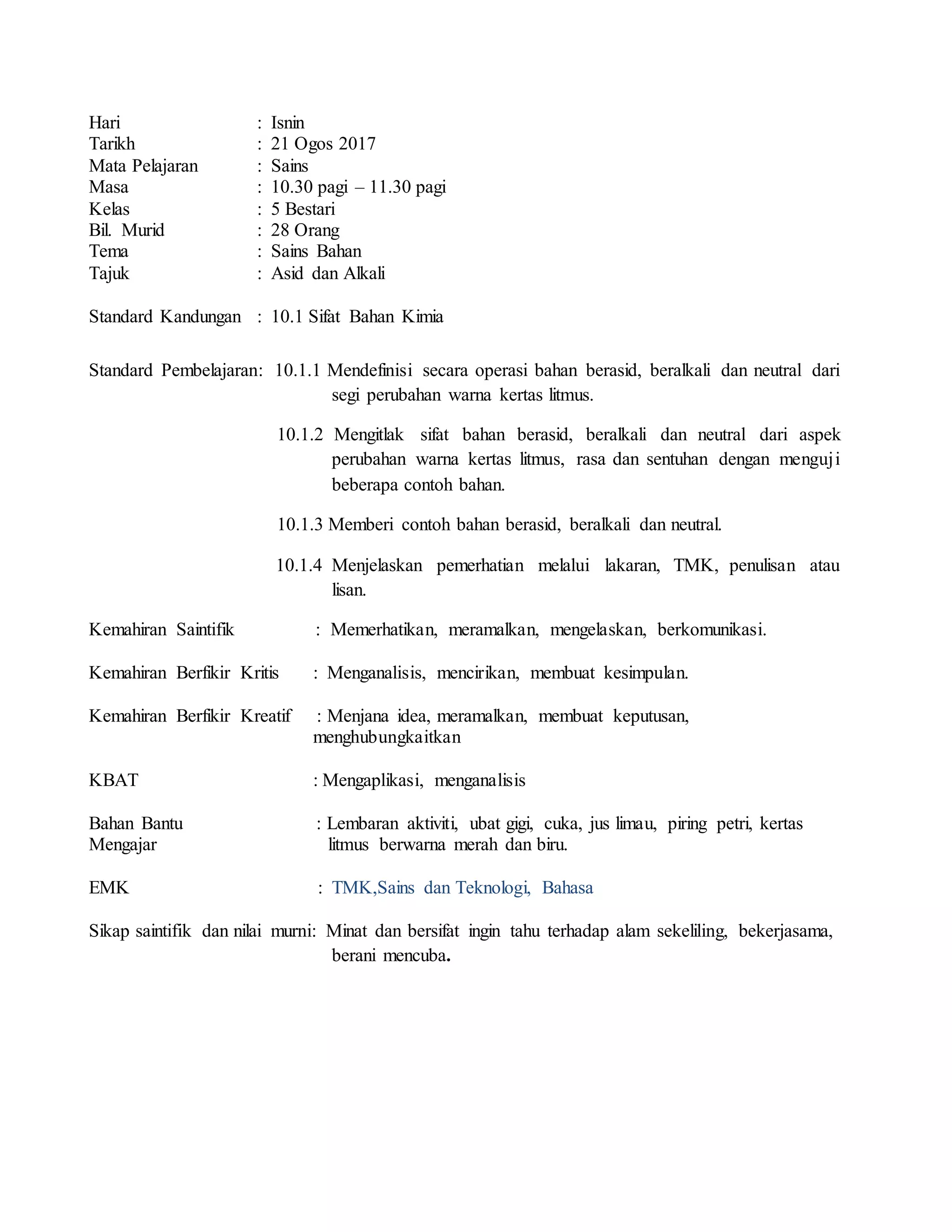 RPH Sains Tahun 5 Topik 10 - 10.1 Sifat Kimia Bahan | PDF