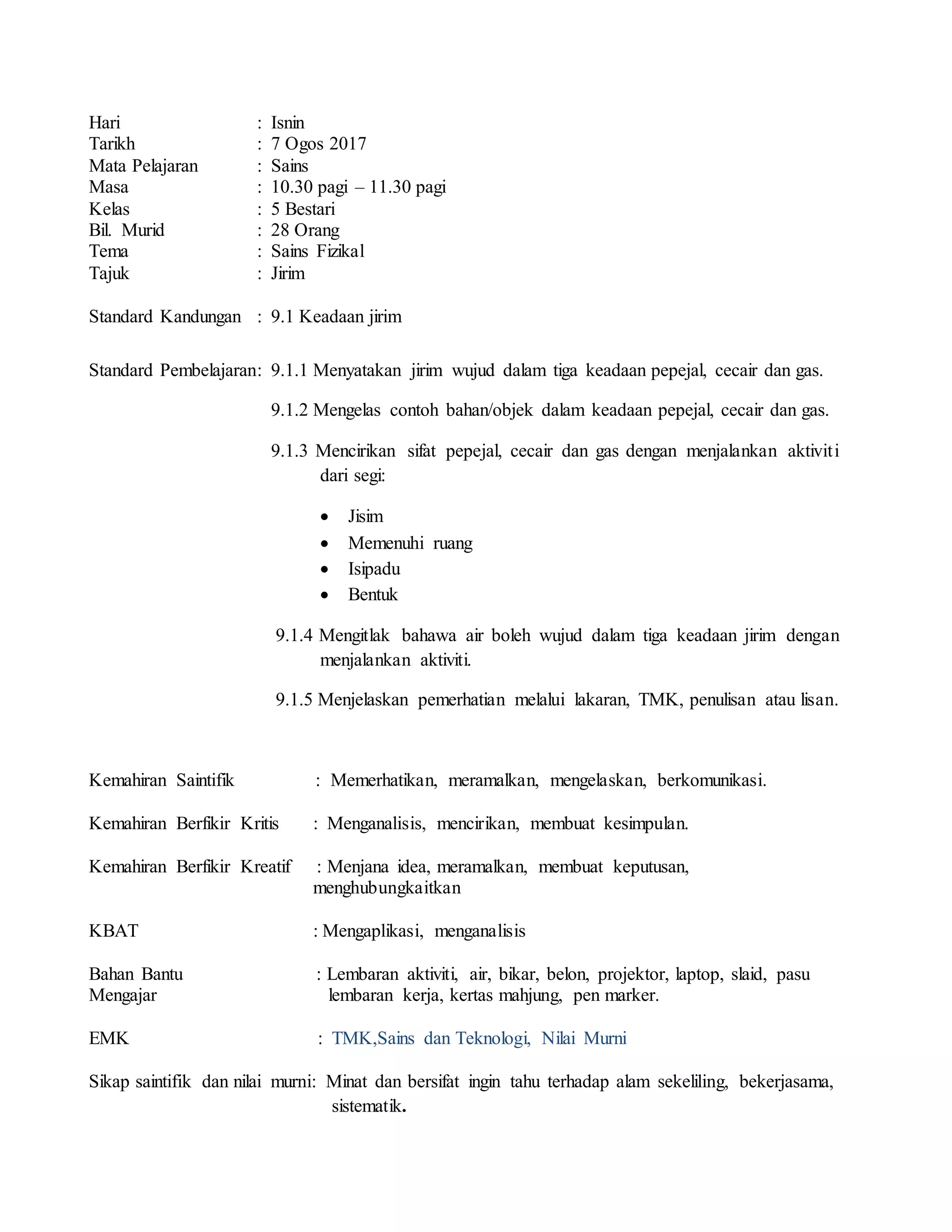 RPH Sains Tahun 5 Topik 9 - 9.1 Keadaan Jirim | DOCX