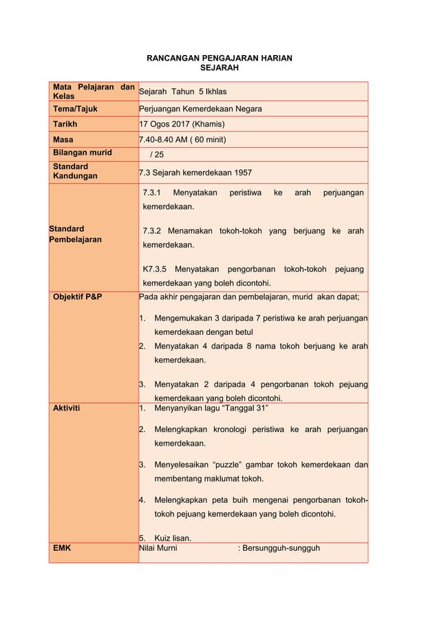 Rph sejarah kemerdekaan tahun 5 | DOC