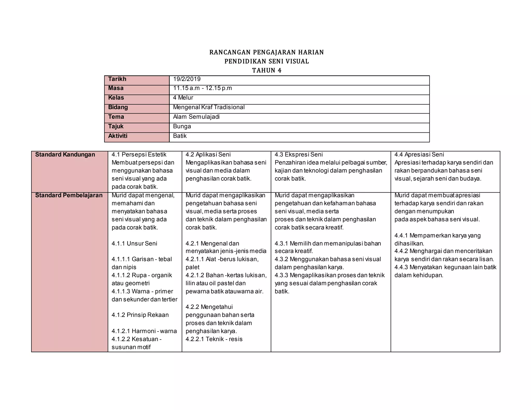 RPH Pendidikan Seni Visual Tahun 4 | DOC