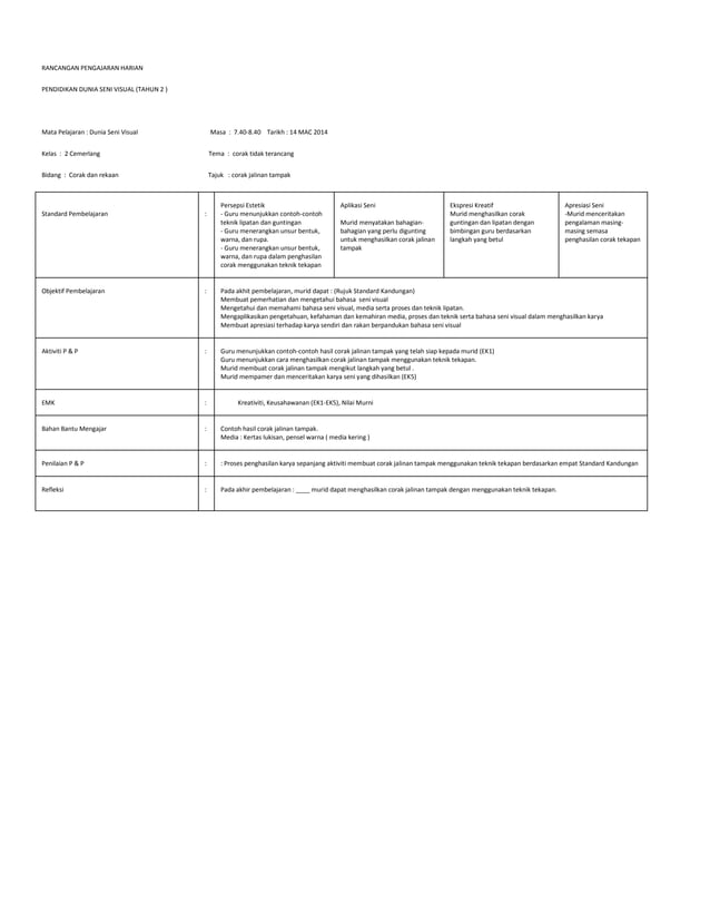 RPH KSSR Dunia Seni Visual Tahun 2 - Corak Jalinan Tampak | PDF
