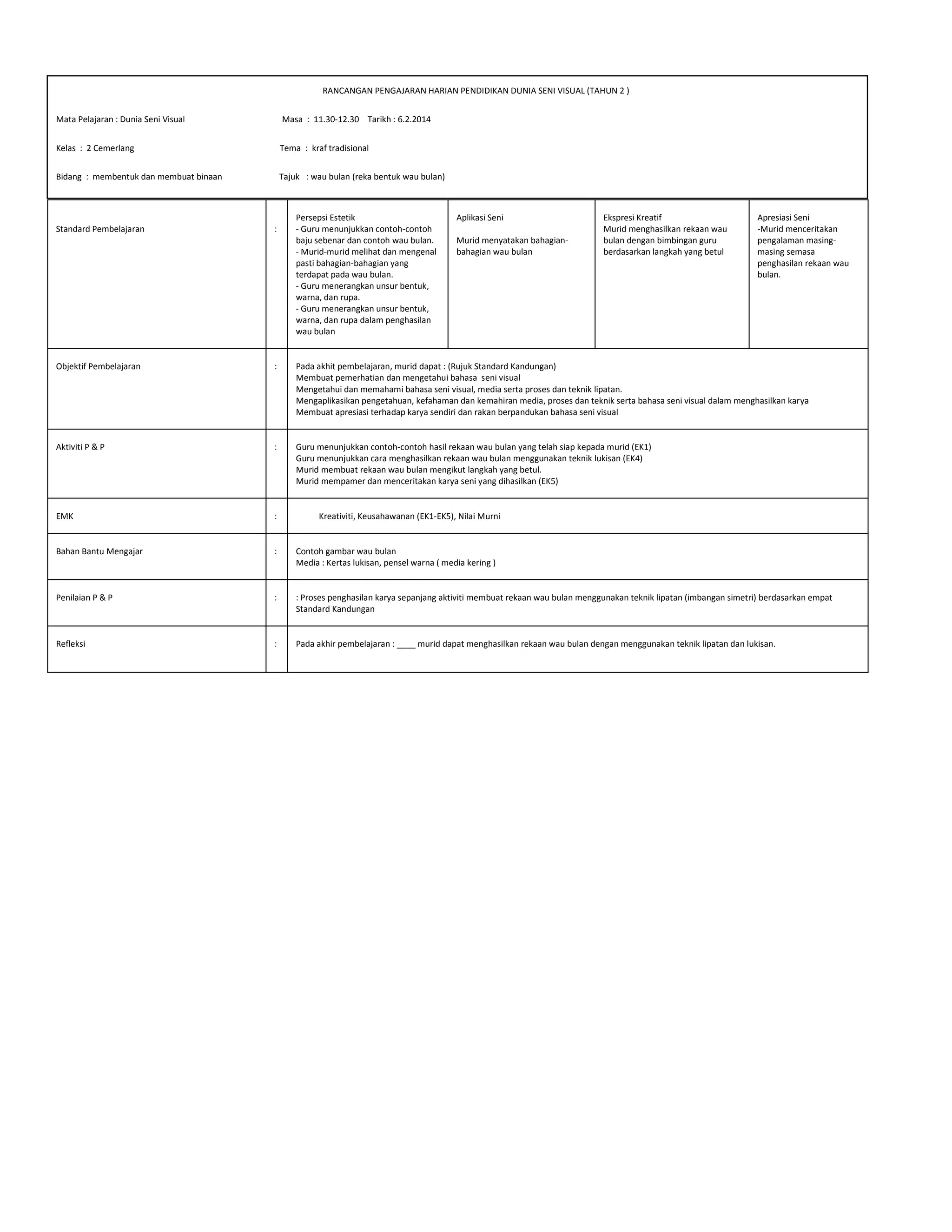 RPH Kssr Dunia Seni Visual Tahun 2 Kssr - Mereka bentuk wau bulan | DOCX