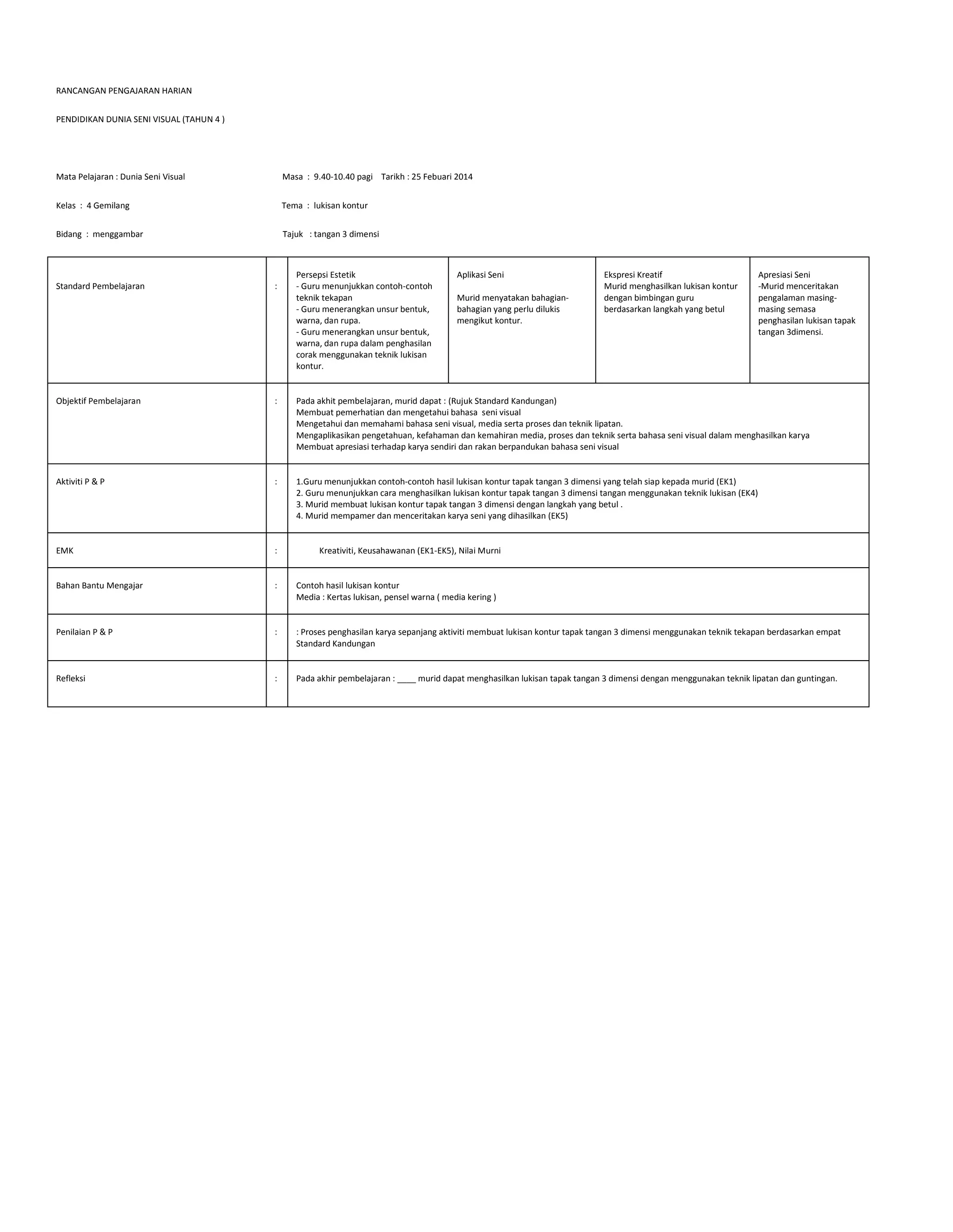 Rph Pendidikan Seni Visual Tahun 3 - lukisan kontur tapak tangan | DOCX
