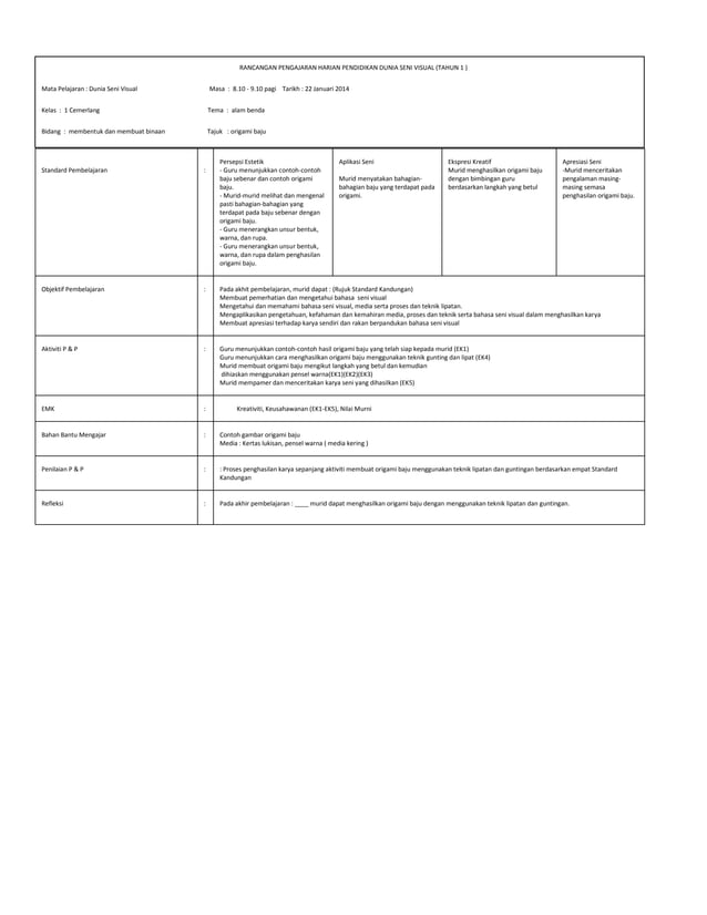 Rph Dunia Seni Visual Tahun 3 - origami baju | DOCX