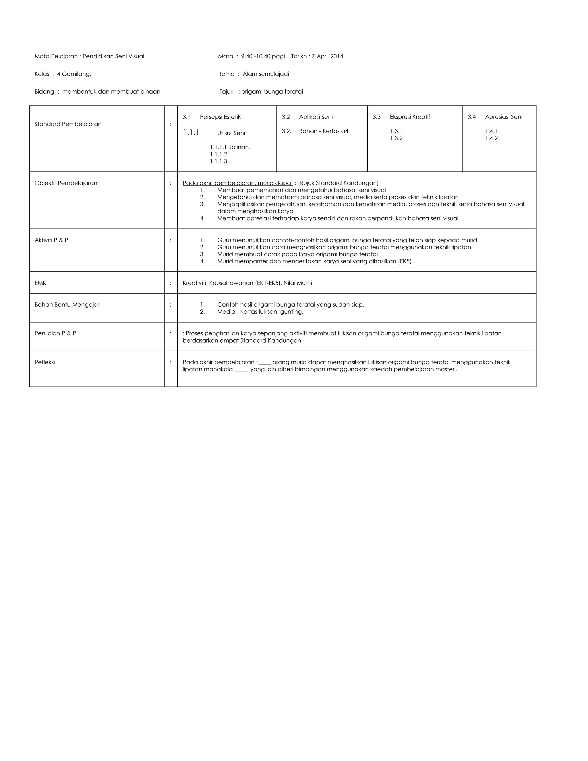 Rph Pendidikan Seni Visual Tahun 4 kssr - Origami bunga teratai | DOCX