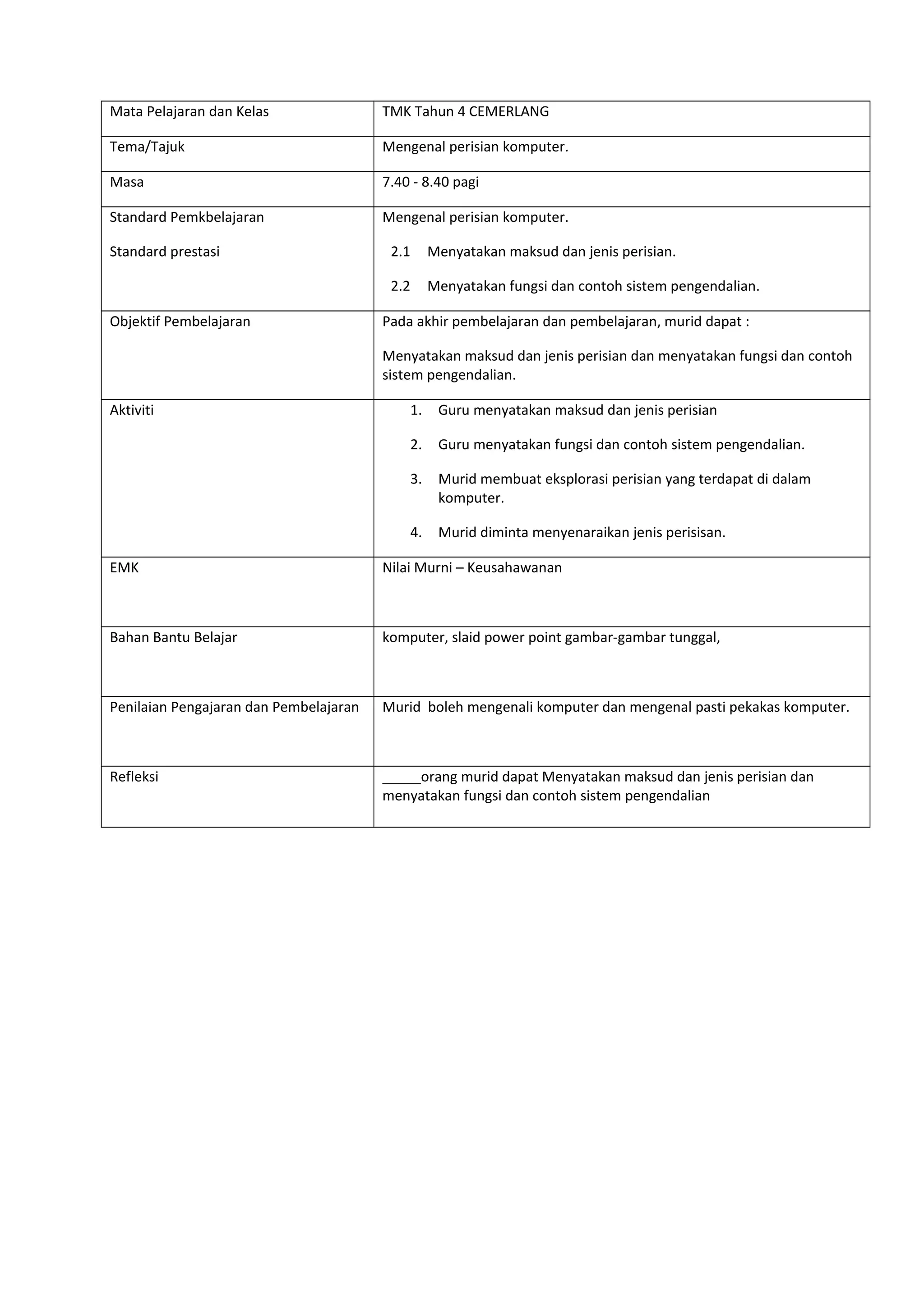 Contoh RPH TMK Kssr Tahun 4 - Perisian | DOC