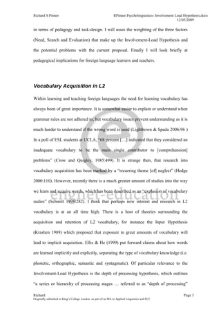 Psycholinguistics involvement load hypothesis | PDF