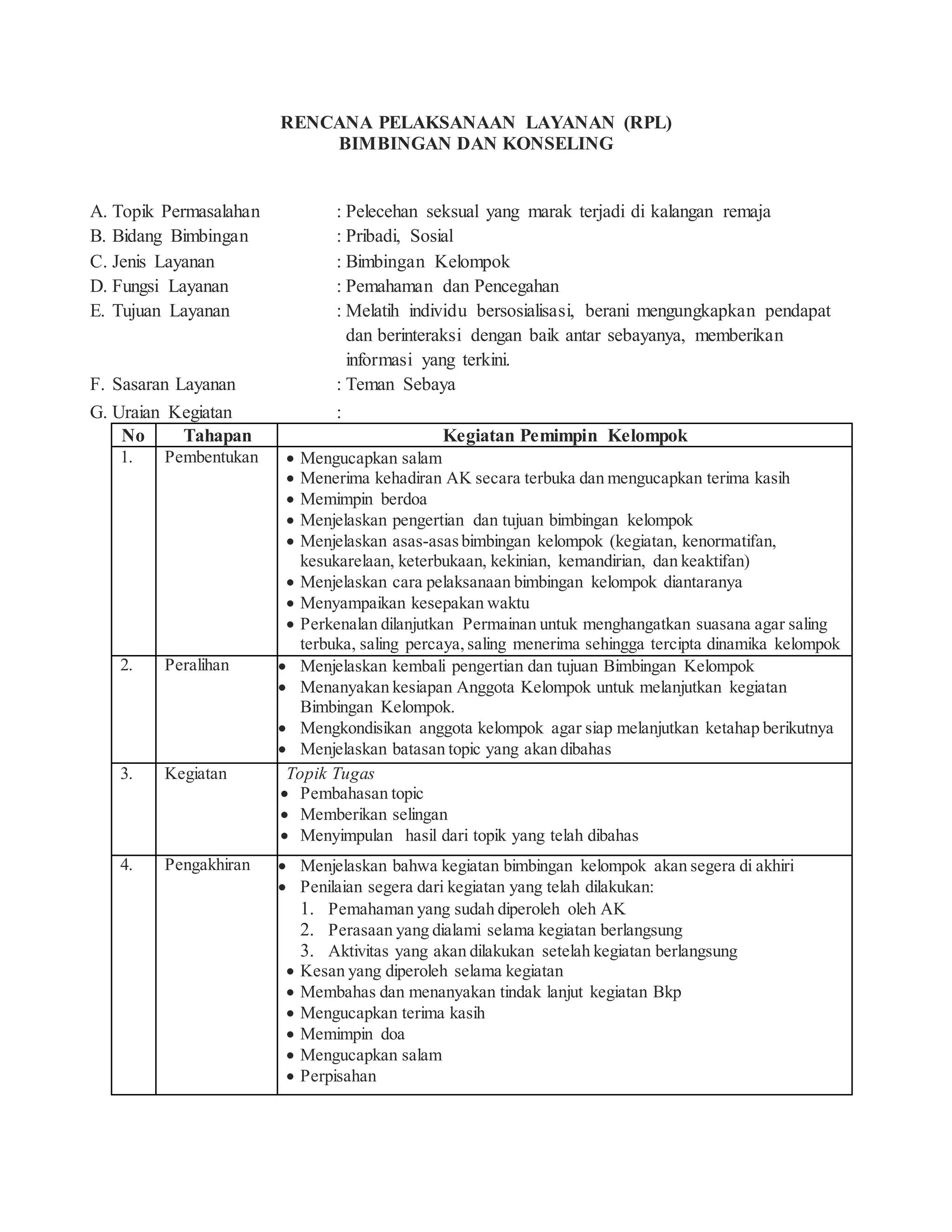 Contoh RPL Bimbingan dan konseling topik bebas "Pelecehan seksual" | DOCX