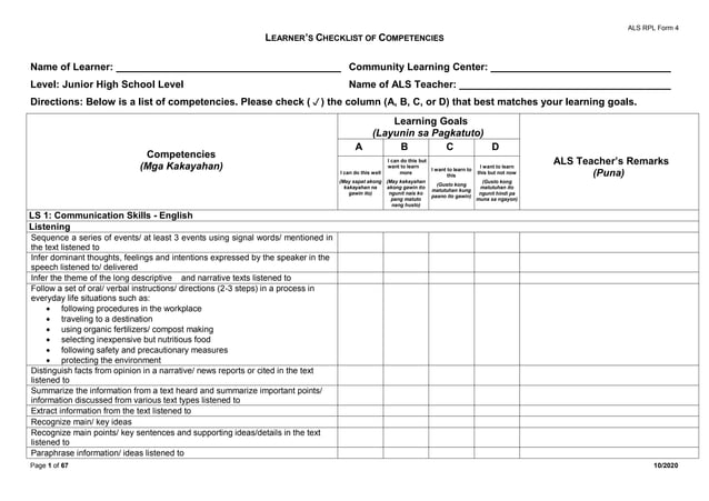 RPL Form 4 - JHS Learner_s Checklist of Competencies.pdf | Education